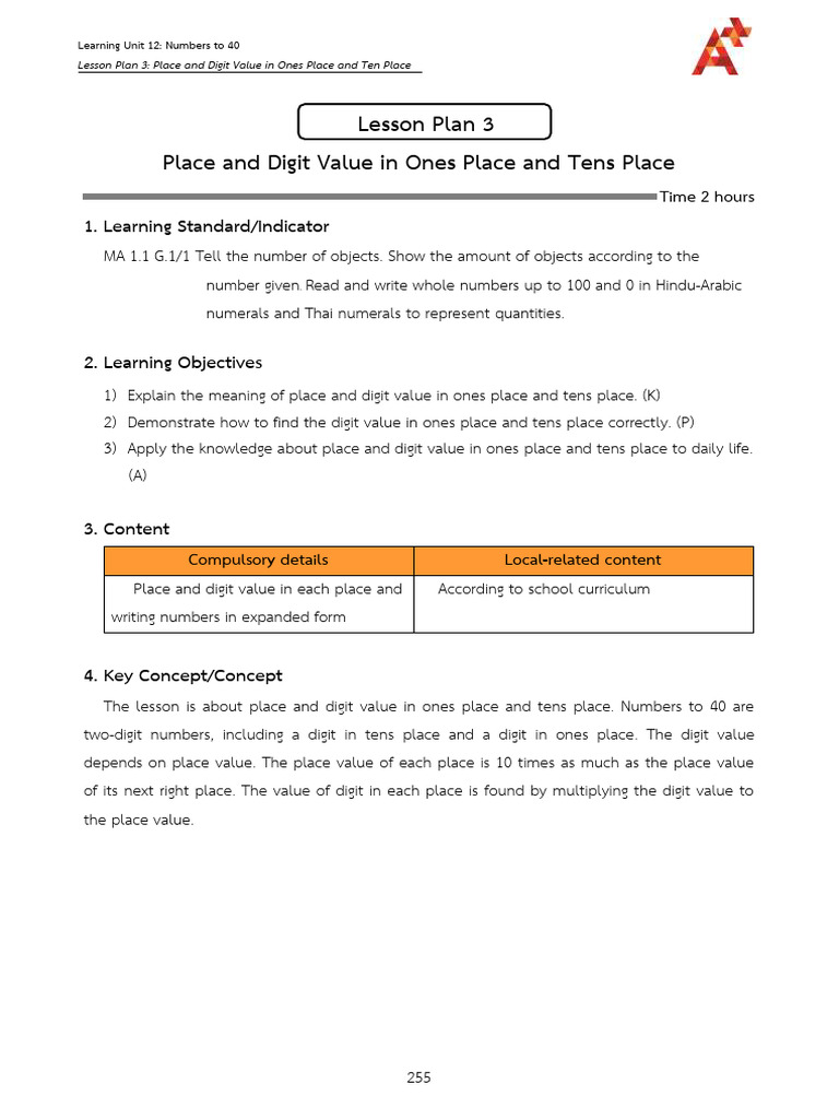 Lesson Plan 12-3 Place and Digit Value in Ones Place and Tens Place ...