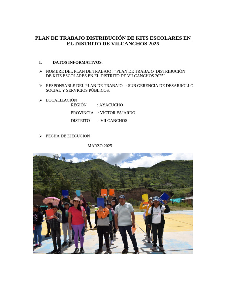 Plan de Trabajo Entrega de Kits Escolares 2025 MDV | PDF | Educación de la primera infancia