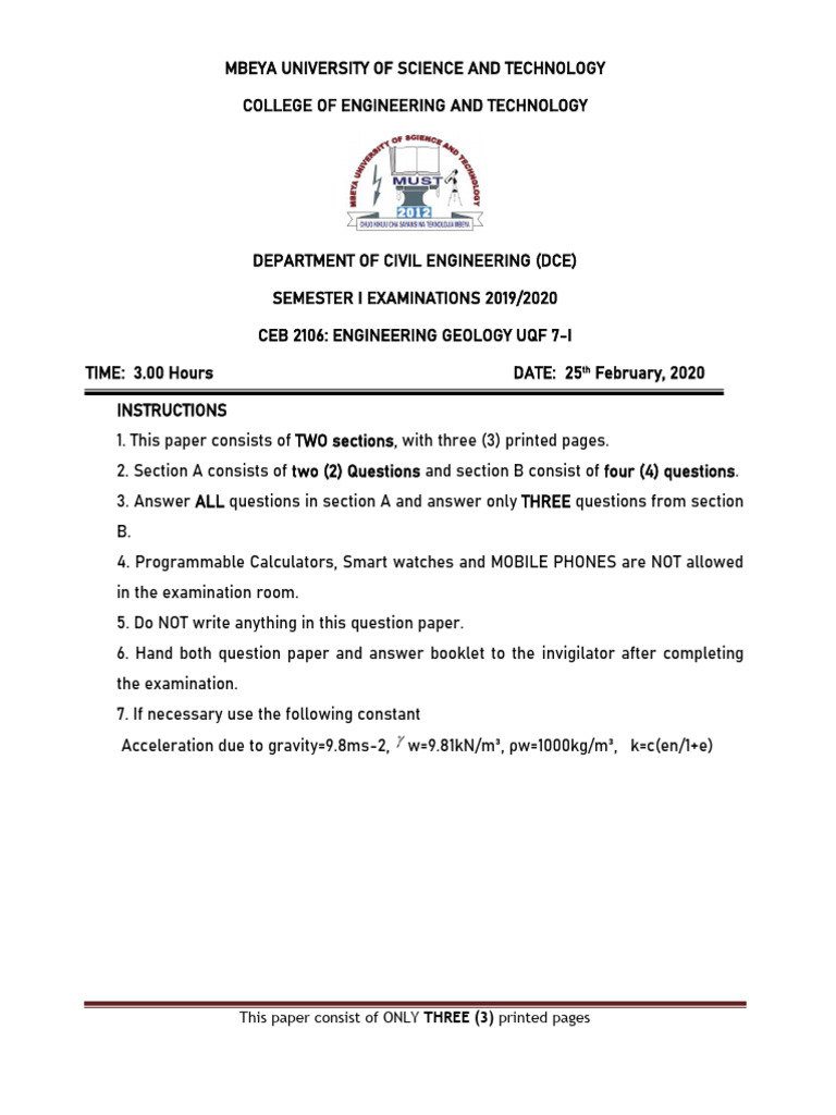 Eng. Geology Paper 1 - 2019-2020 | PDF | Fault (Geology) | Geology