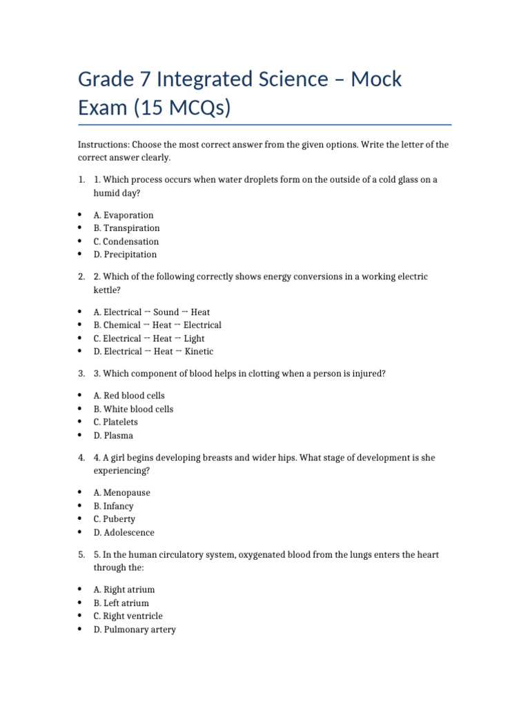 Grade 7 Integrated Science Mock Exam | PDF | Blood | Circulatory System