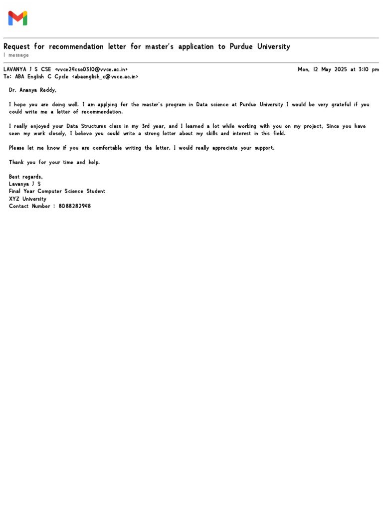 Request for Purdue Recommendation Letter | PDF