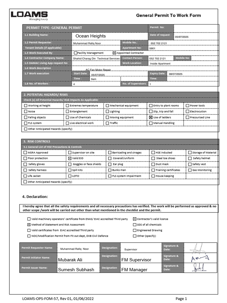 General Permit to Work Form Template | PDF | Personal Protective ...