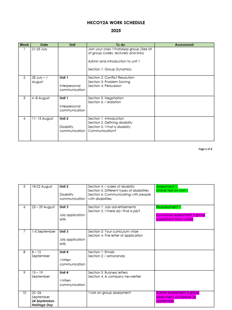 HKCOY2A 2025 Work Schedule Overview | PDF | Communication | Human ...