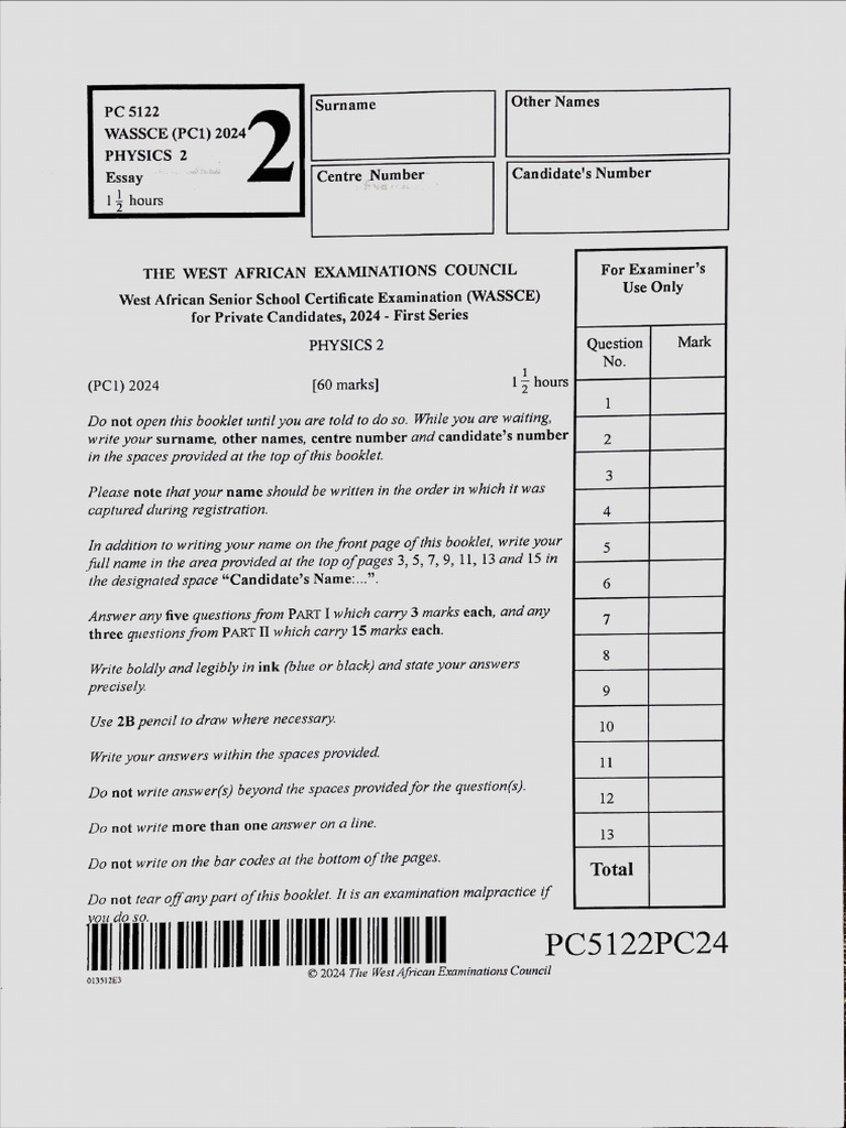 2024 Wassce Pc1 Physics 2 Paper | PDF