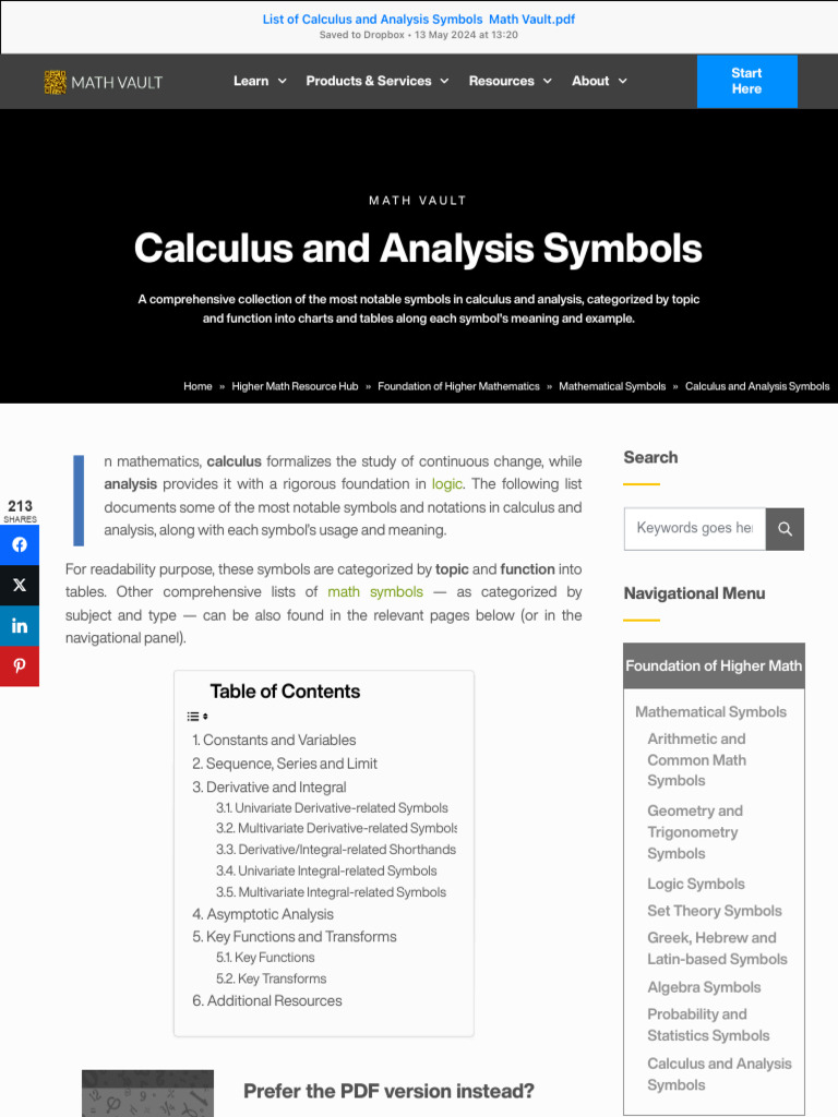 Comprehensive Calculus Symbols Guide | PDF | Mathematics | Mathematical ...