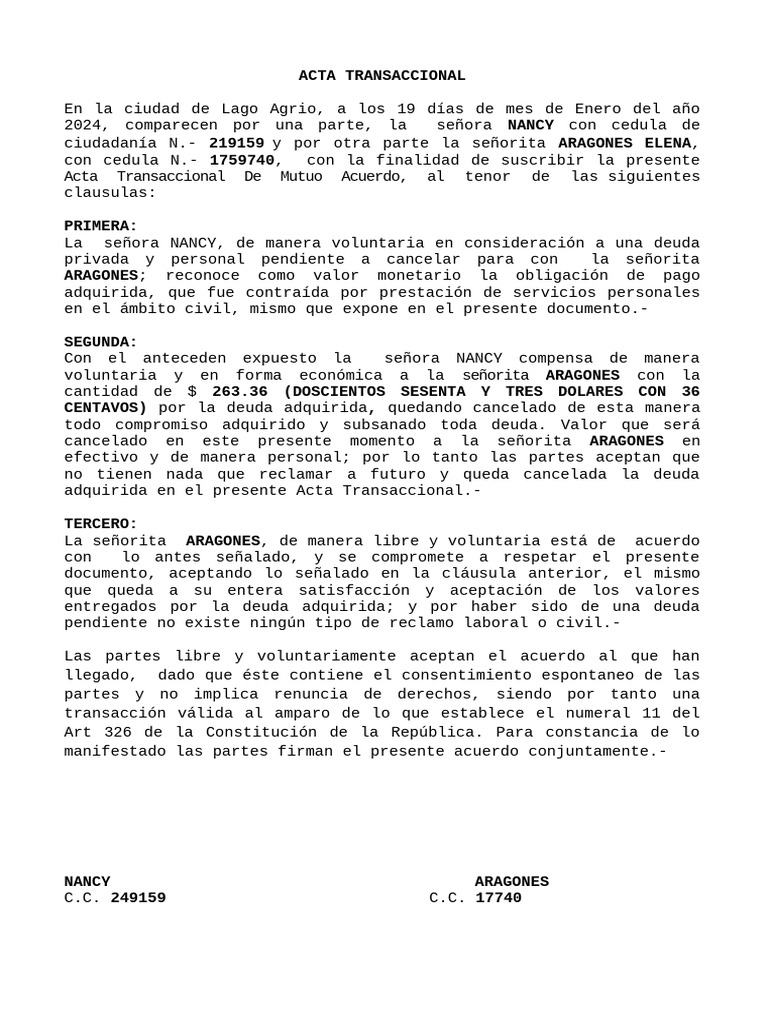 Acta Transaccional de Deuda 2024 | PDF