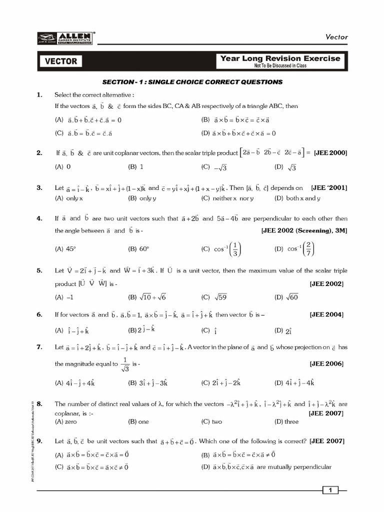 (1. Year Long Revision Exercise) (VECTOR) | PDF