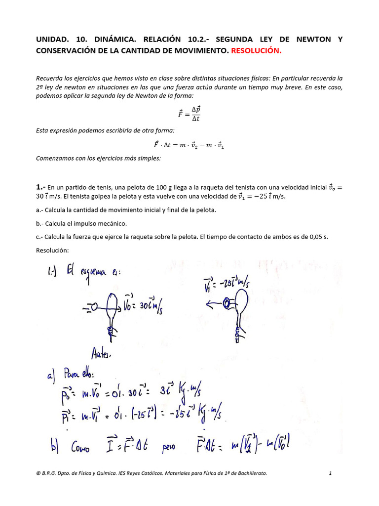 Relación de Ejercicios de Aprendizaje 10.2. - Segunda Ley de Newton y Conservación de La ...
