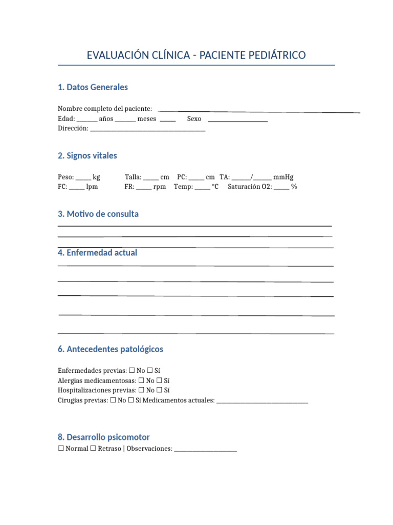 Formato Evaluacion Clinica Pediatrico | PDF