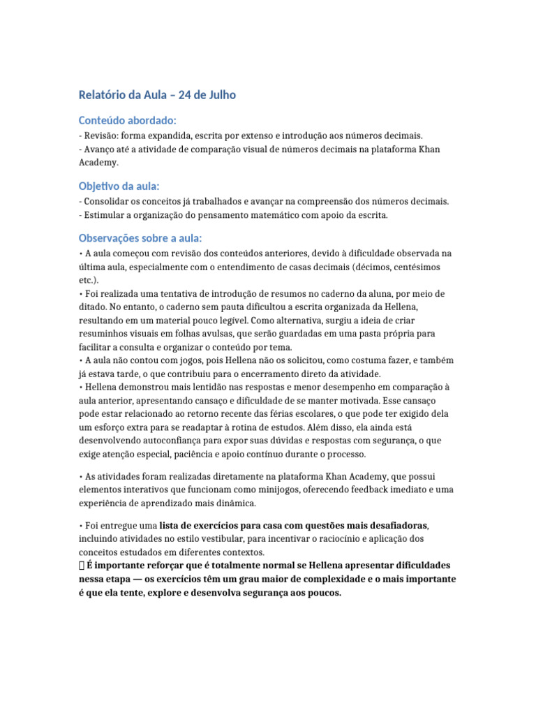 Relatorio Aula Hellena 24 Julho | PDF | Aprendizado