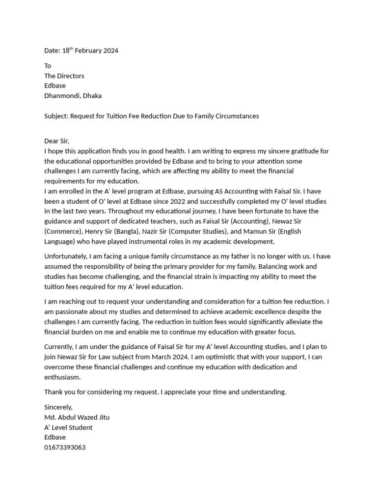 Tuition Fee Reduction Request | PDF