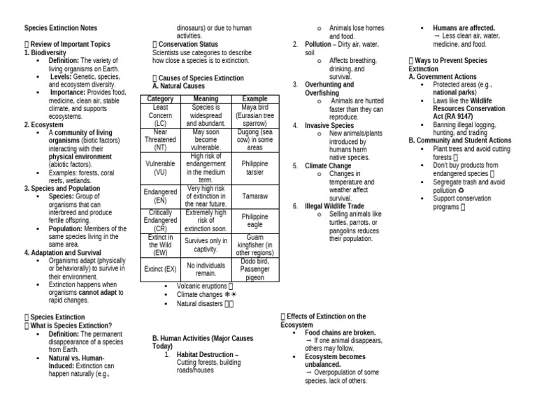Species Extinction Notes | PDF | Extinction | Endangered Species