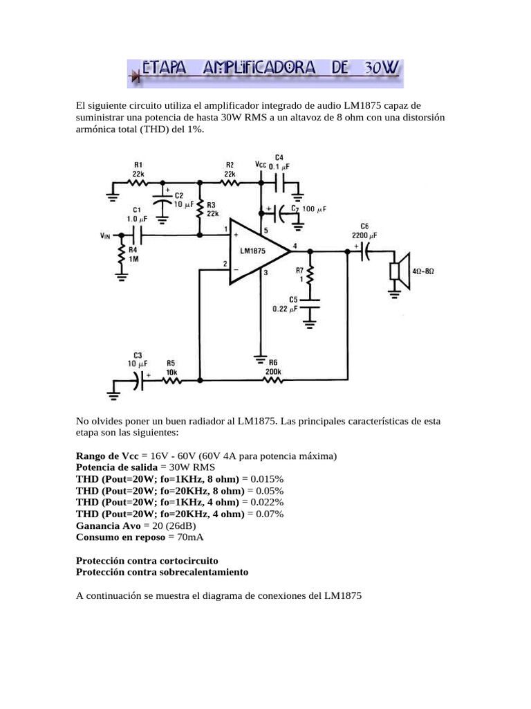 Amplificador de Audio LM1875 30W RMS | PDF
