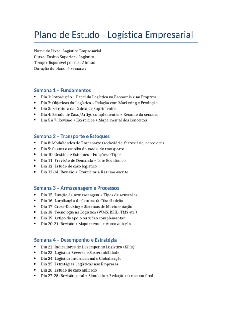 Plano Estudos Logistica Empresarial | PDF