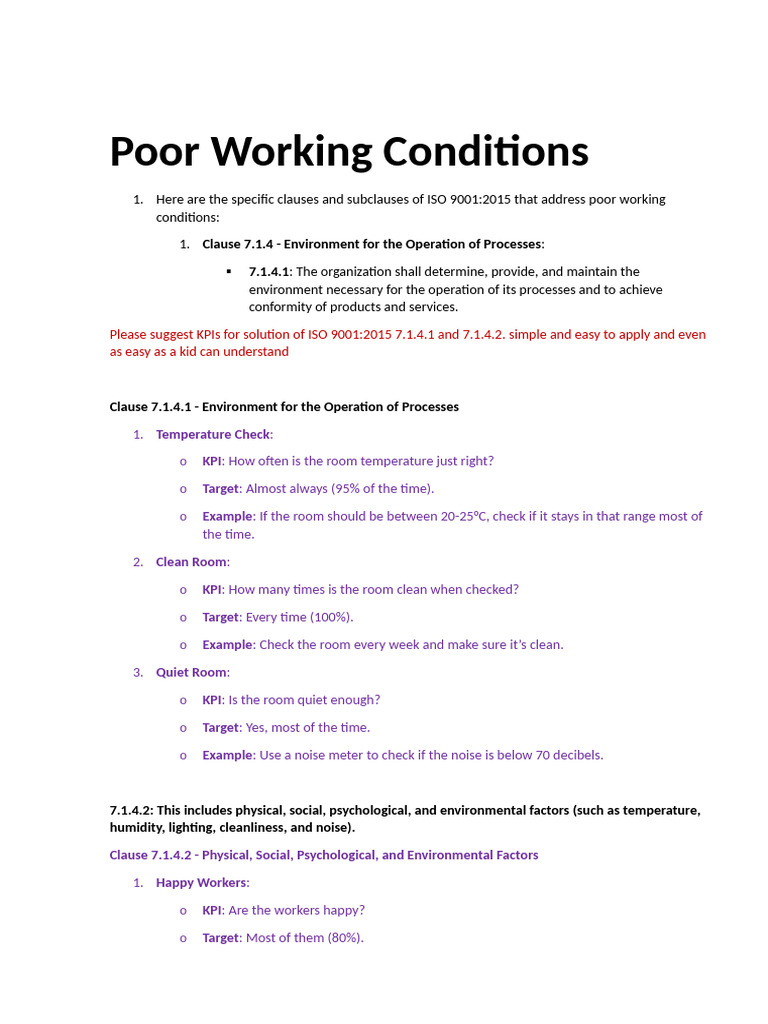 Poor Working Conditions ISO 9001 Solution | PDF | Performance Indicator ...