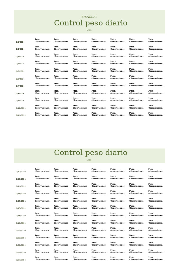 Control Diario de Peso Mensual | PDF