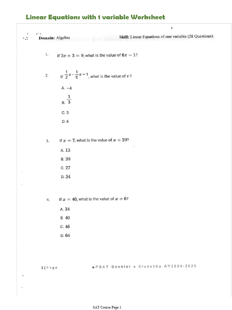 Linear Equations With 1 Variable Worksheet | PDF