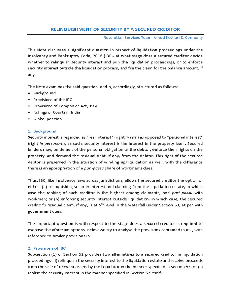 Relinquishment of Security by A Secured Creditor | PDF | Bankruptcy | Security Interest