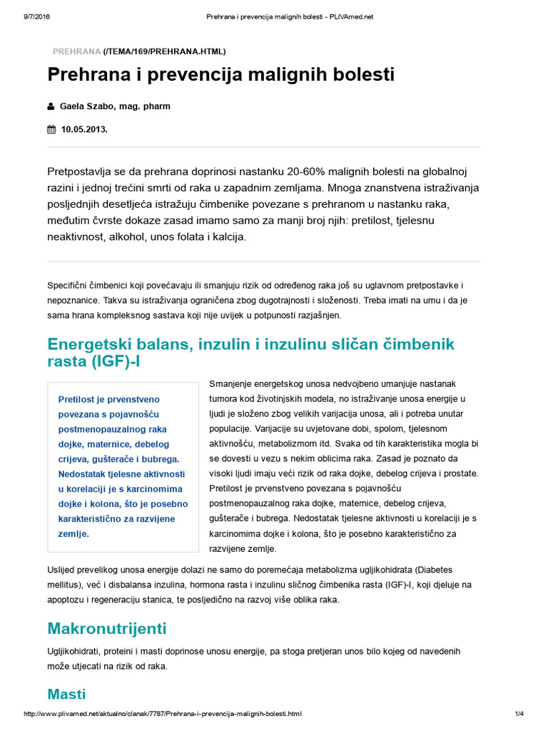 Prehrana I Prevencija Malignih Bolesti - PLIVAmed | PDF