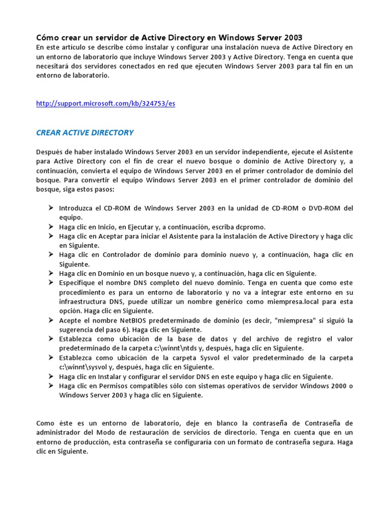 Cómo Crear Un Servidor de Active Directory en Windows Server 2003 | PDF | Directorio Activo ...