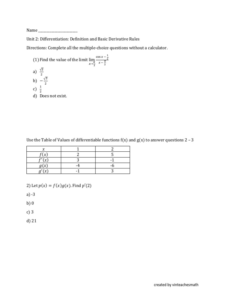 AP Calculus - Unit 2 Practice Exam | PDF | Derivative | Functions And ...