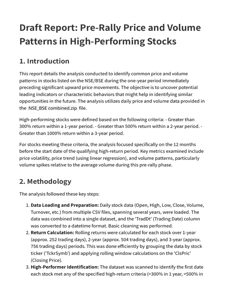 Draft Report - Pre-Rally Price and Volume Patterns in High-Performing Stocks | PDF | Market ...
