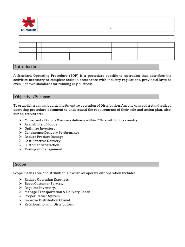 SOP of Logistics & Distribution | PDF | Logistics | Warehouse