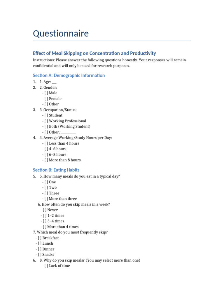 Meal Skipping Questionnaire | PDF | Meal