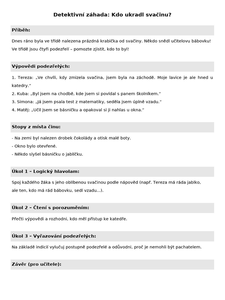 Detektivni Zahada Kdo Ukradl Svacinu | PDF