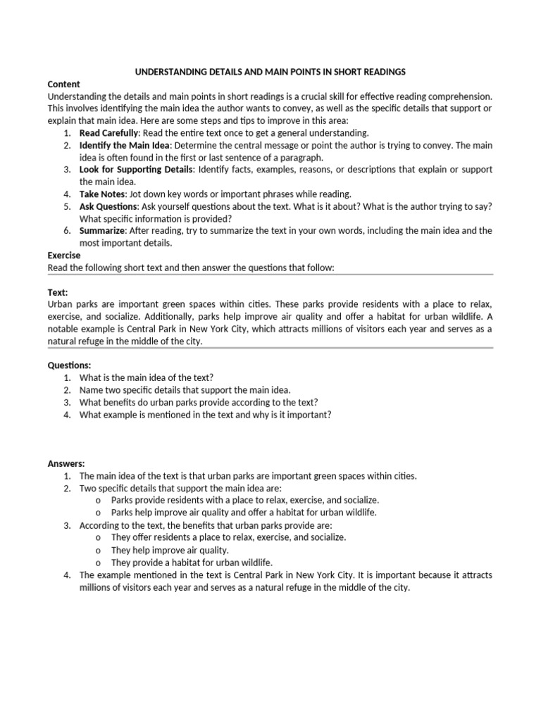 Understanding Details and Main Points in Short Readings | PDF | Reading ...