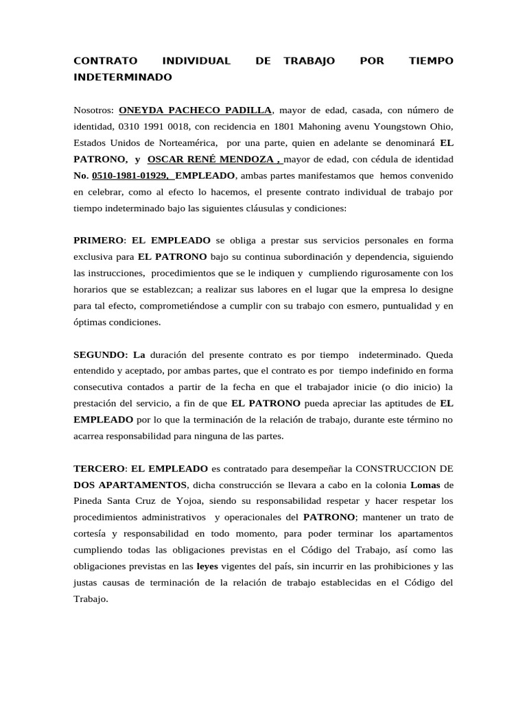 Contrato Individual de Trabajo Por Tiempo Indeterminado | PDF