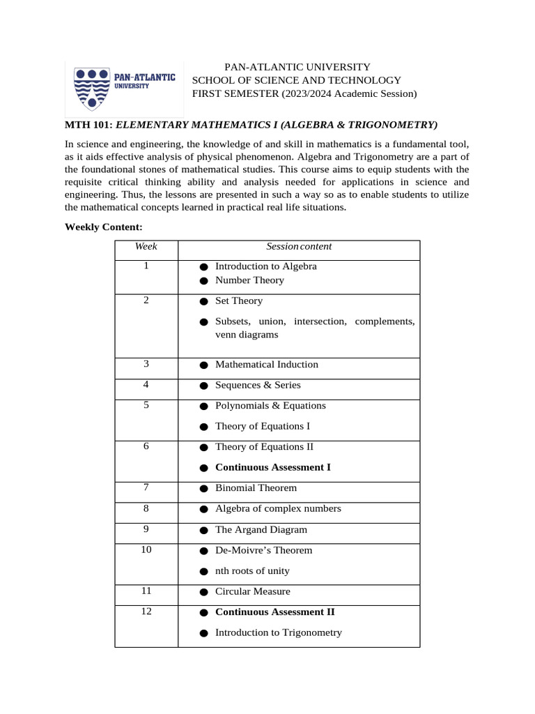 MTH 101: Algebra & Trigonometry Syllabus | PDF | Mathematics | Trigonometry