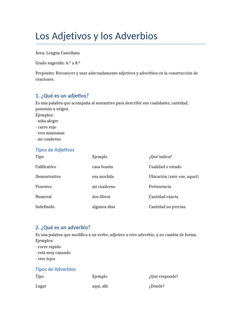 Guía Adjetivos Adverbios | PDF | Adverbio | Adjetivo