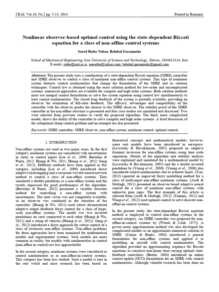 Nonlinear Observer Based Optimal Control | PDF | Control Theory | Nonlinear System