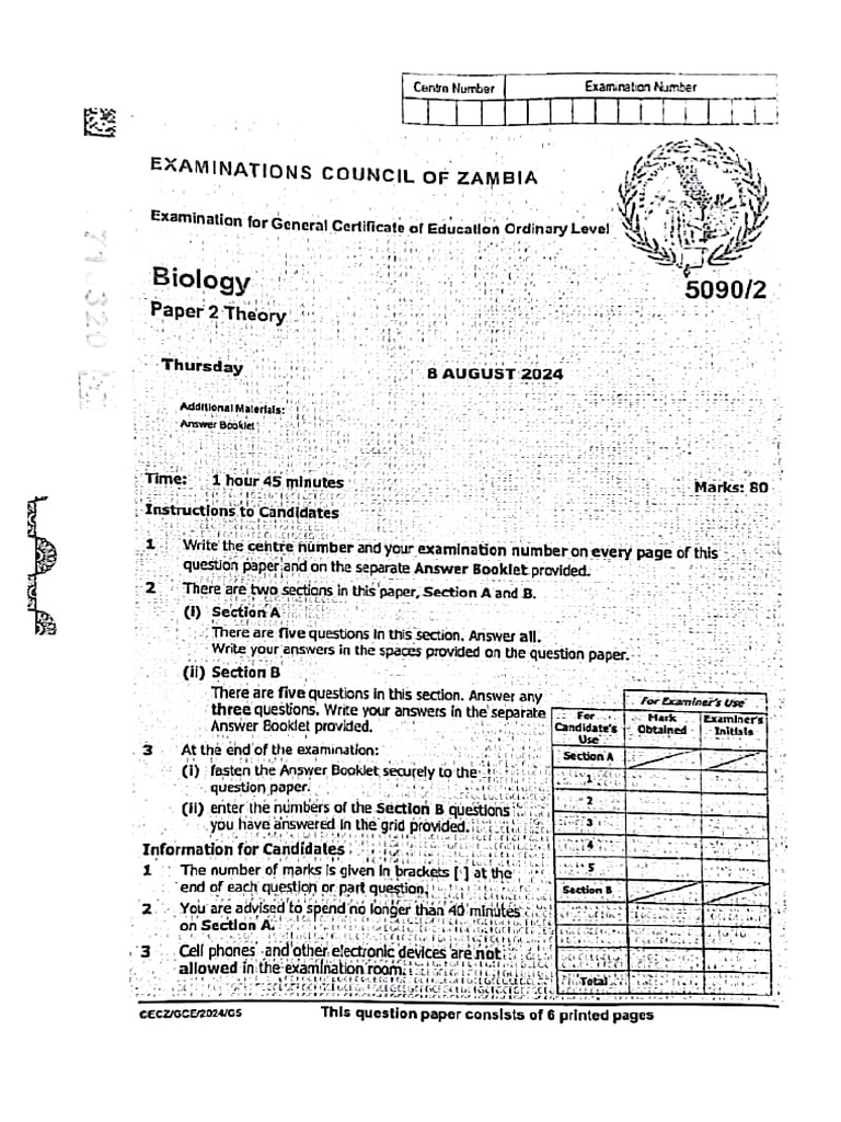 G12 Biology 2024 Paper 2 GCE | PDF