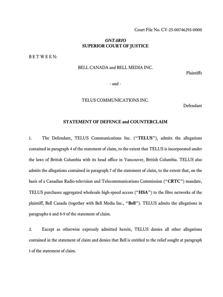 2025-07-25 - Statement of Defence and Counterclaim - Telus | PDF | Tortious Interference | Fiber ...