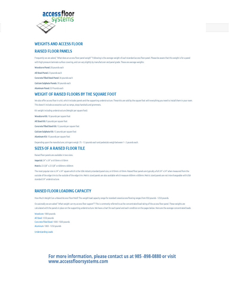 Raised Floor Weights and Capacity or Load Ratings | PDF | Pound (Mass ...