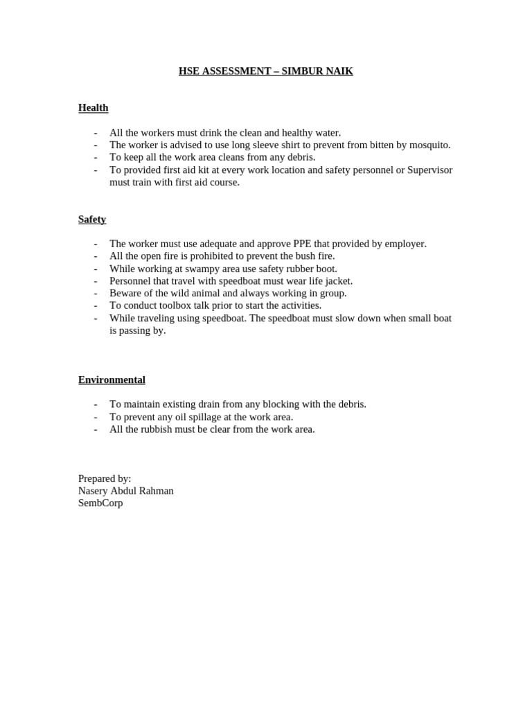HSE Assessment Guidelines for Workers | PDF