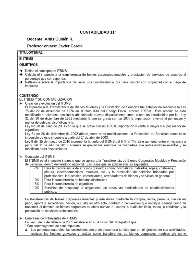 ITBMS: Conceptos y Contabilidad | PDF | Impuestos | Panamá