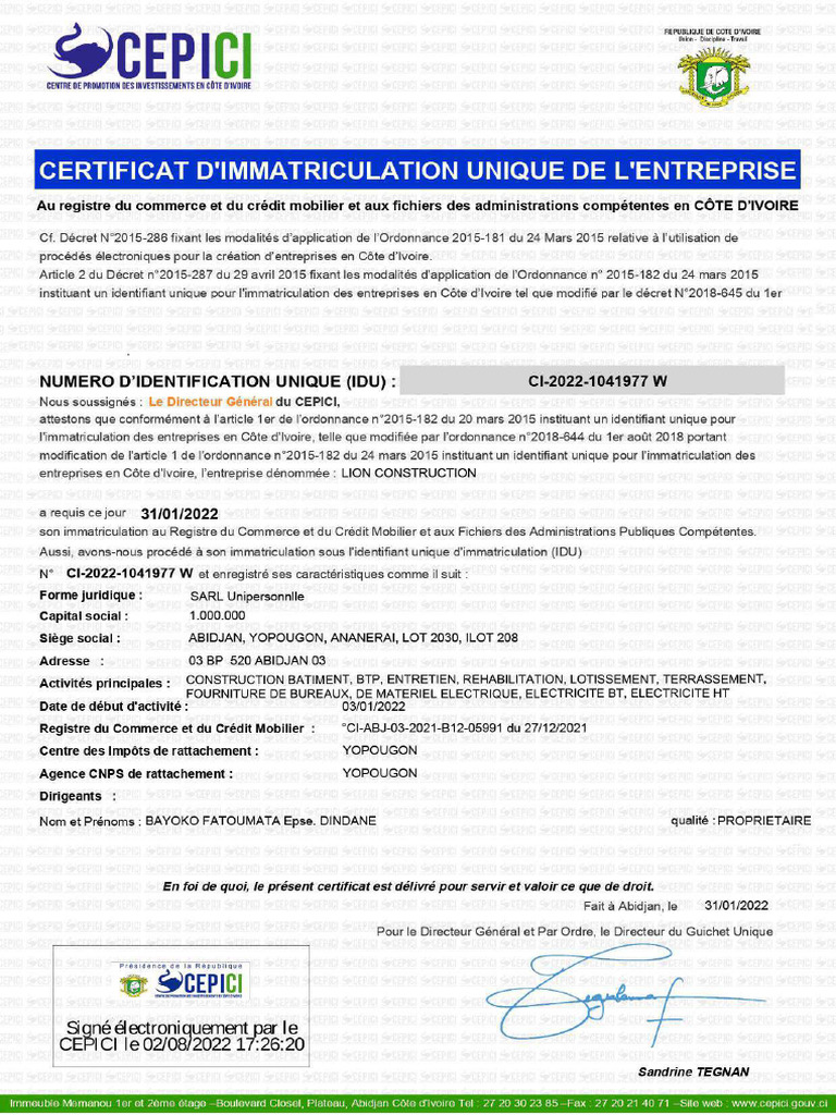 Certificat-Imatriculation Unique Bayoko | PDF