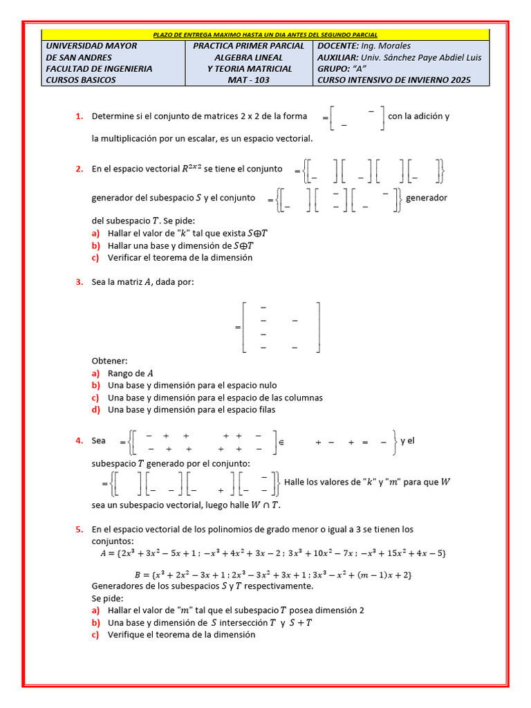 Practica Segundo Parcial Mat 103 | PDF | Base (álgebra lineal) | Matriz (Matemáticas)