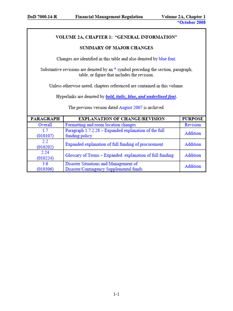 Dod 7000.14-R Financial Management Regulation Volume 2A, Chapter 1 ...