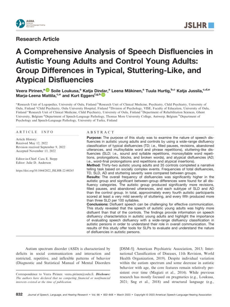 A Comprehensive Analysis of Speech Disfluencies in Autistic Young | PDF ...
