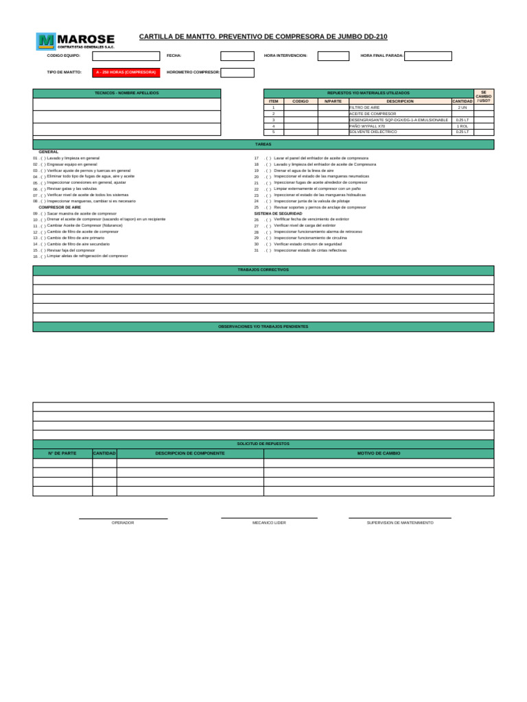 Cartilla de Preventivo Jumbo Quasar DD210 | PDF | Motor diesel | Agua