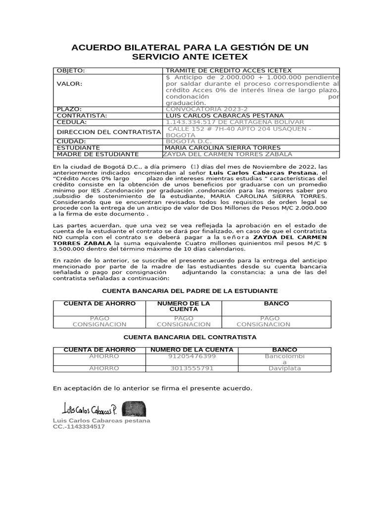 Documento de Acuerdo Bilateral Zayda Torres | PDF
