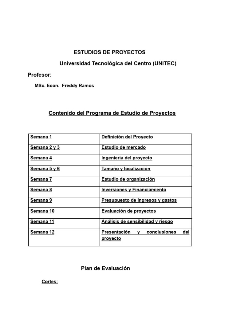 PLan de Estudio de Proyectos | PDF | Bienes | Presupuesto