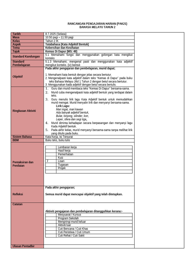 RPH Bahasa Melayu Tahun 2 - Minggu 20 - 1 | PDF