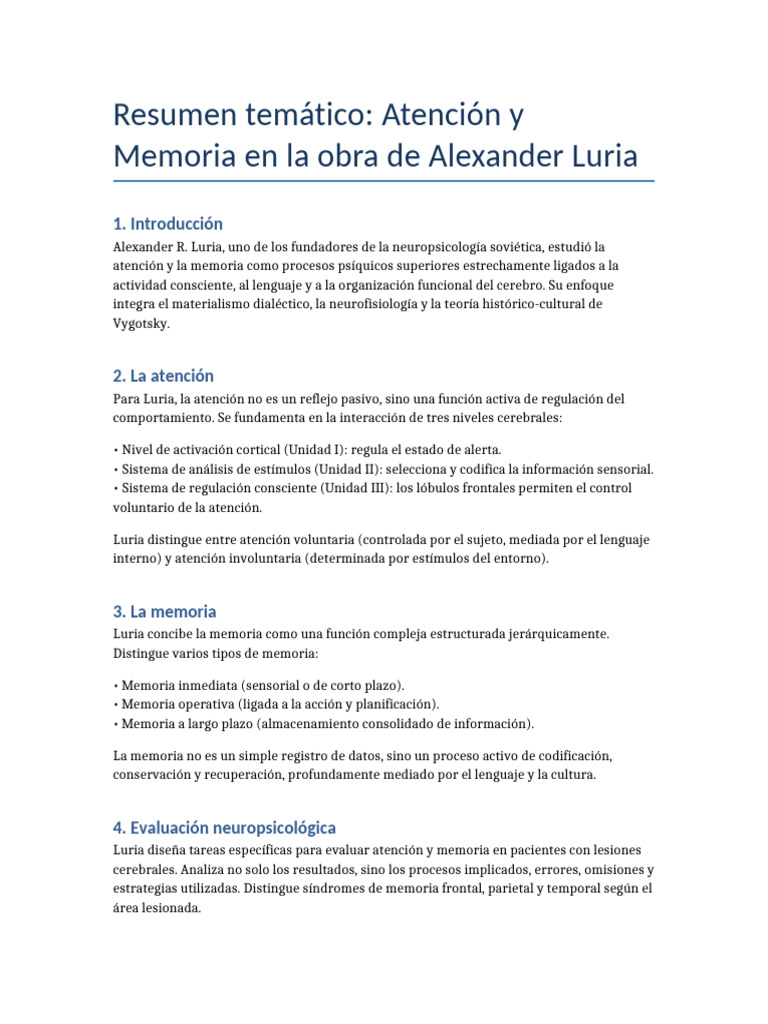 Atención y Memoria según Luria | PDF