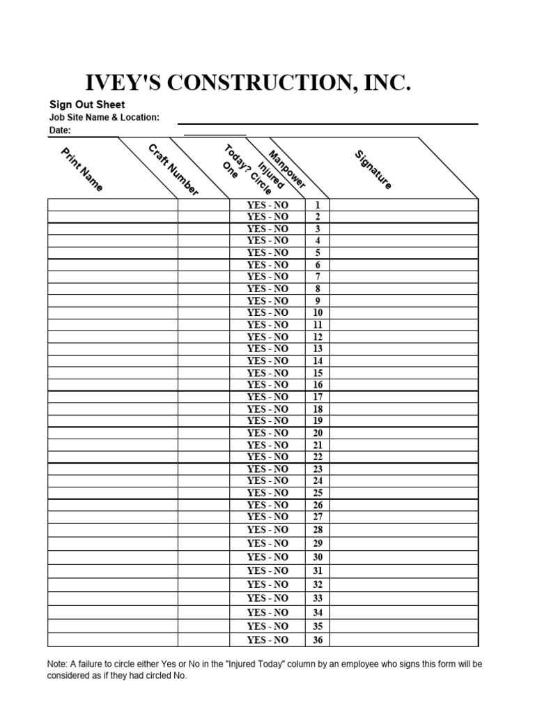 Daily Sign Out Sheet - Fillable | PDF
