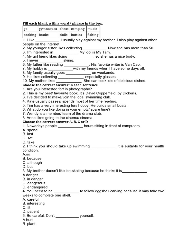 Hobbies and Interests Fill-in-the-Blank Exercise | PDF